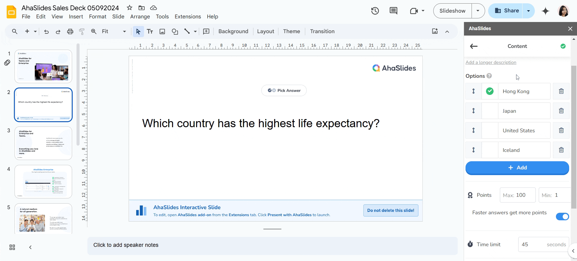 Using the AhaSlides add-on in Google Slides